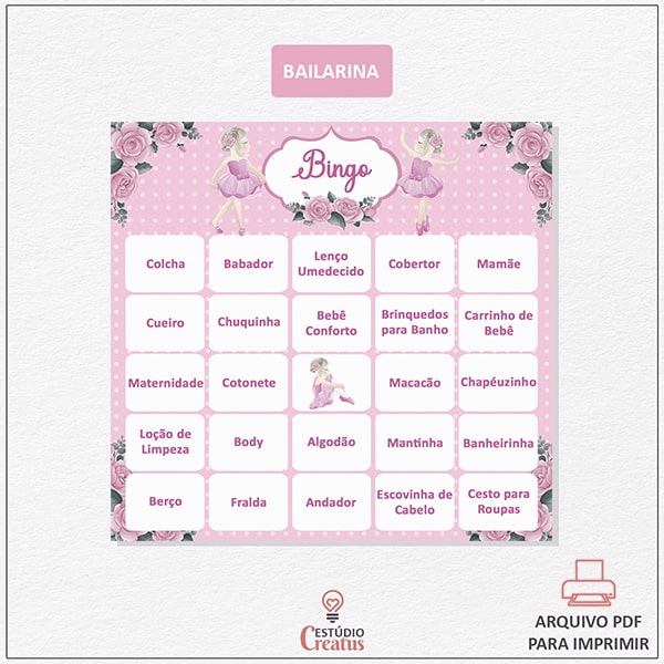 Bingo de Chá de Bebê - Bailarina - Estúdio Creatus