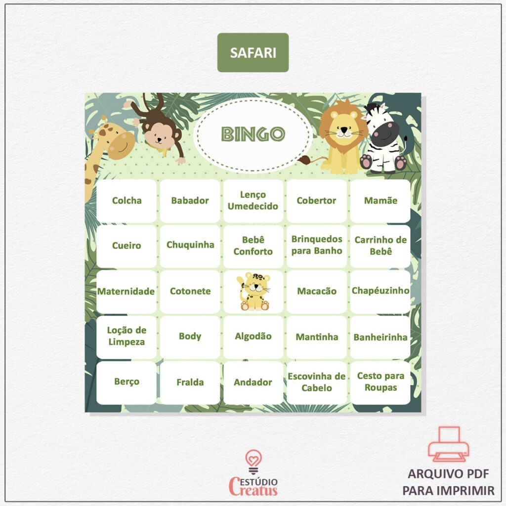 Bingo de Chá de Bebê - Safari - Estúdio Creatus