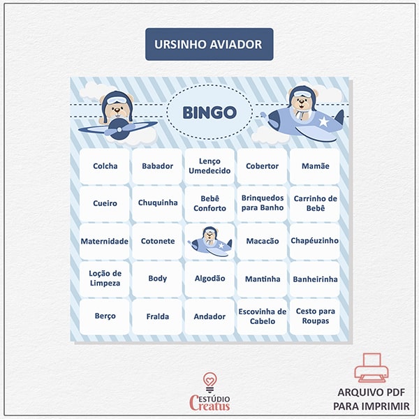 Bingo de Chá de Bebê - Ursinho Aviador - Estúdio Creatus Bingo de Chá de Bebê - Ursinho Aviador - Estúdio Creatus